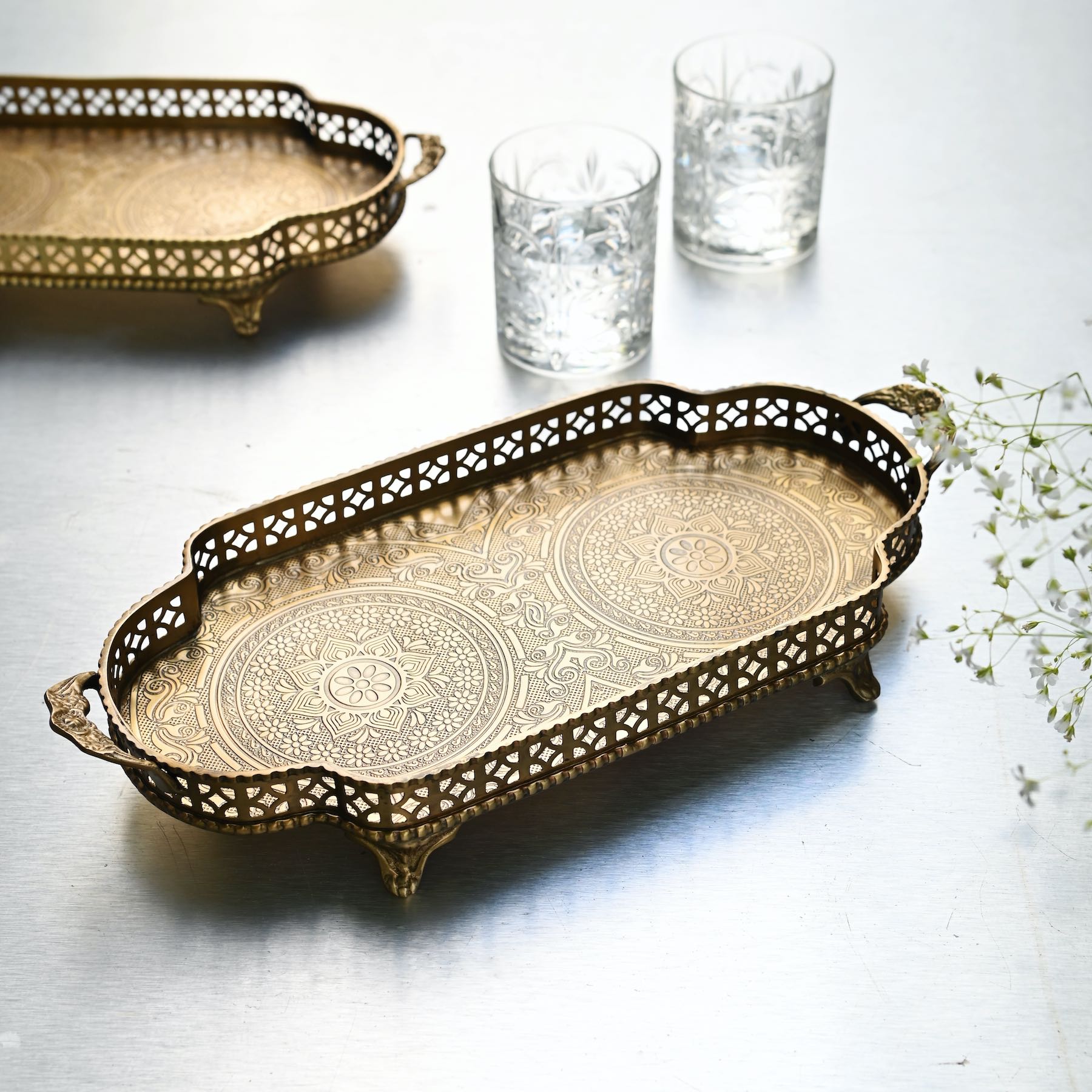 Gold Brass Etched Serving Tray with Handles – Elegant Home Décor – Mora ...