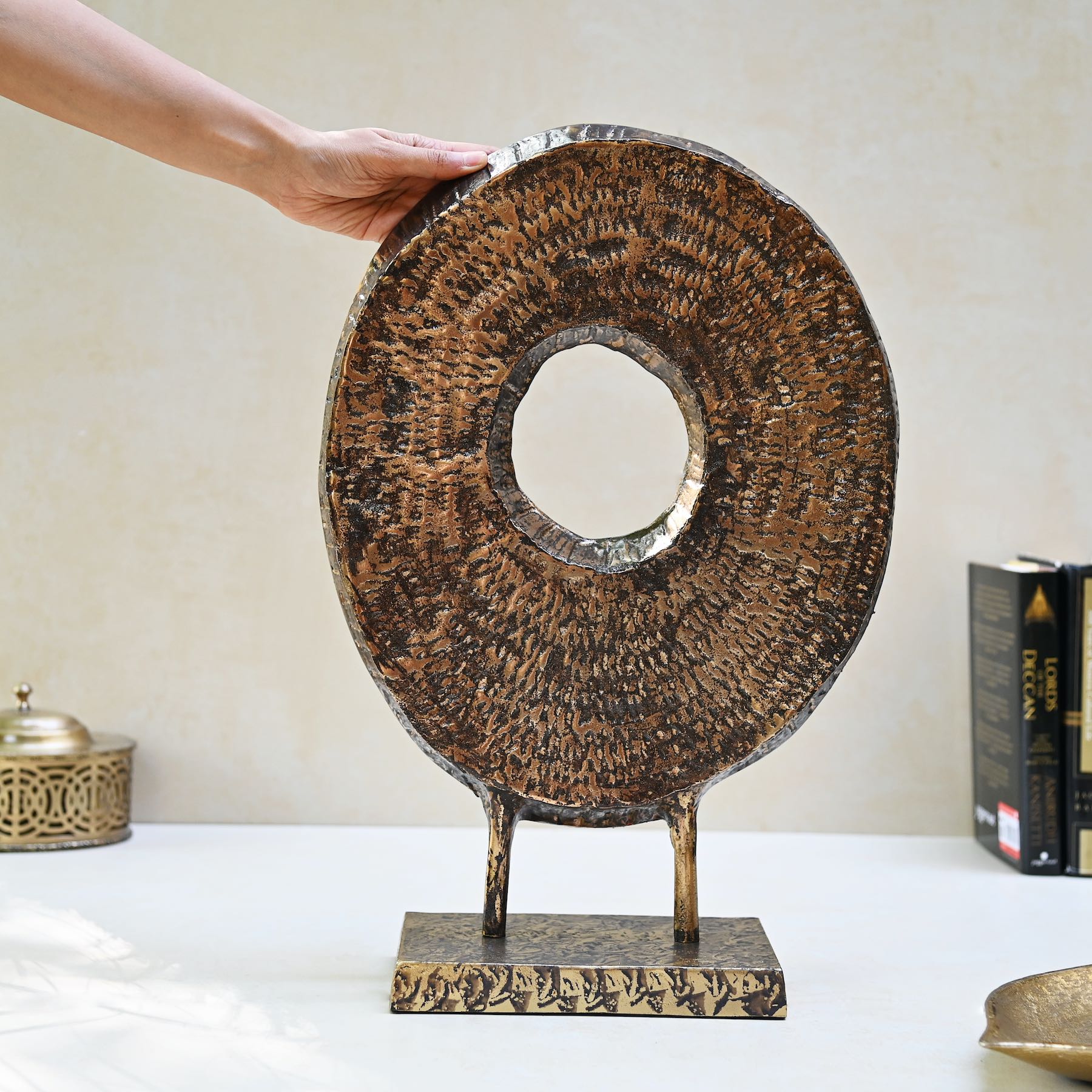 Modern Round Metal Sculpture on Stand – Antique Gold – Mora Taara