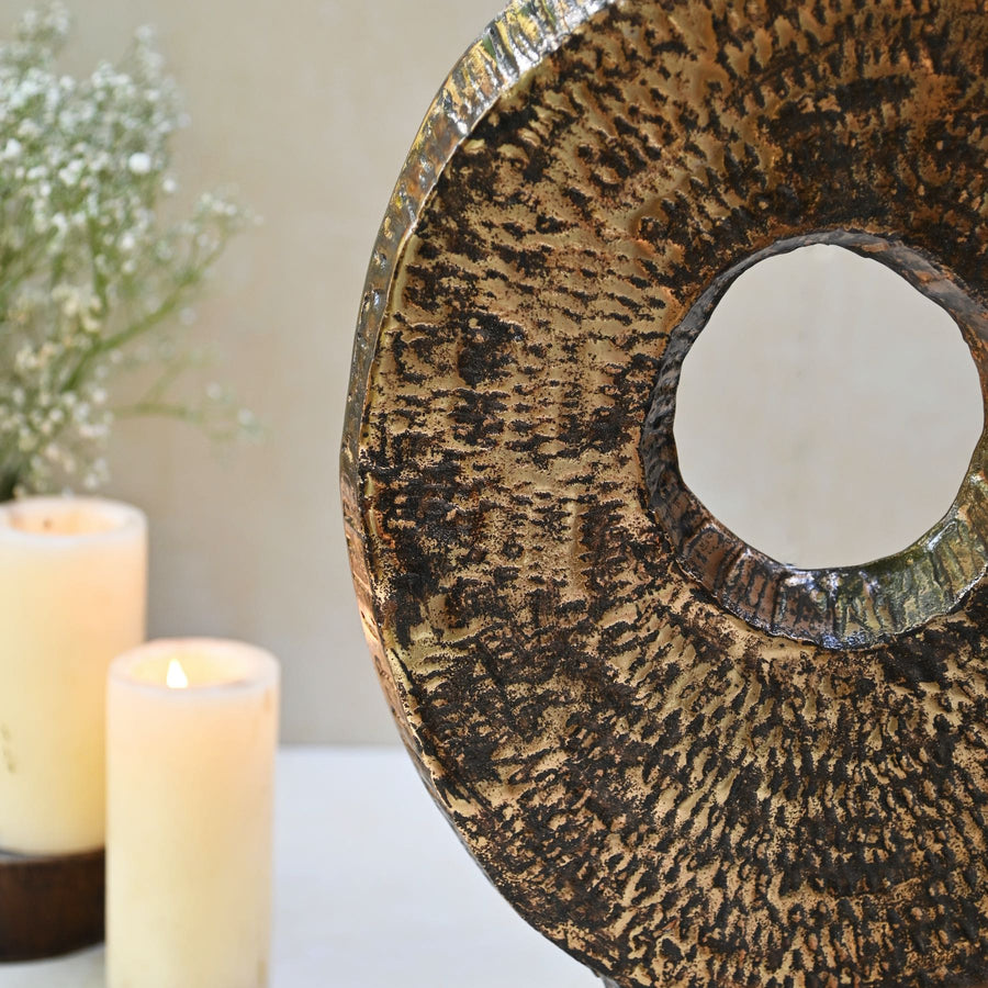 Modern Round Metal Sculpture on Stand – Antique Gold – Mora Taara